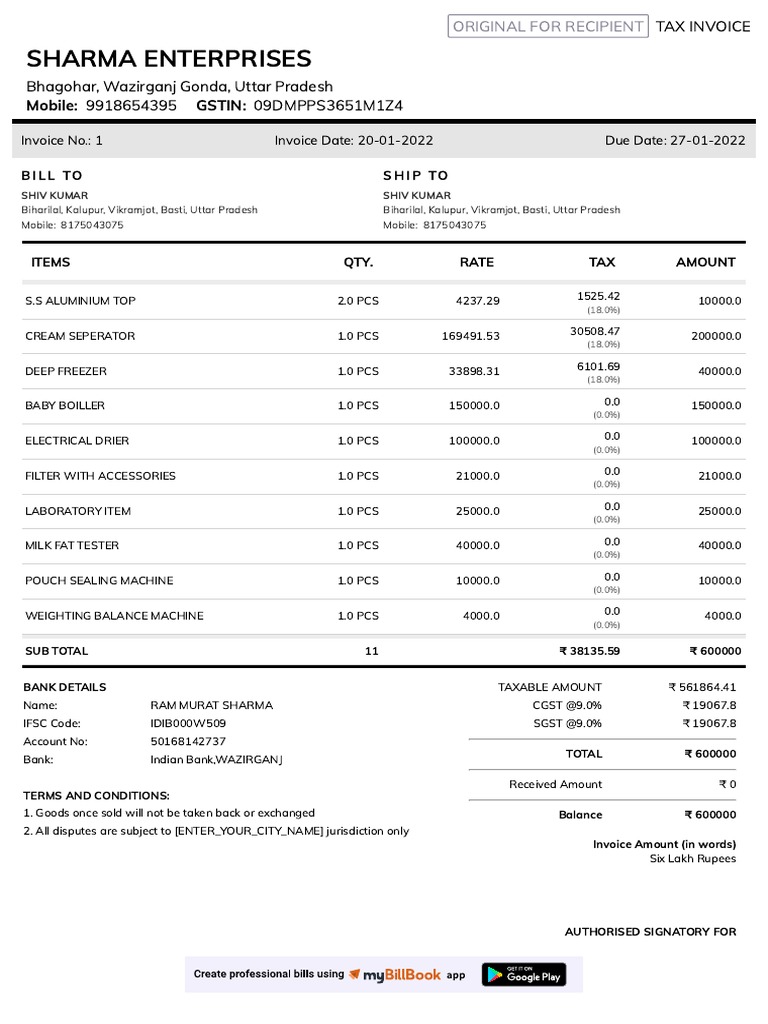 Dairy Equipment and Supplies Invoice for Sharma Enterprises | PDF ...