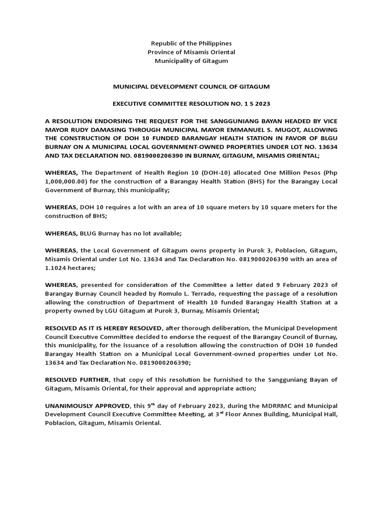 Resolution for Burnay Health Station | PDF | Governance | Government