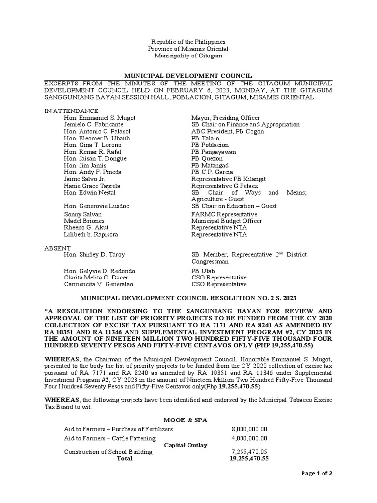 MDC Resolution 02-2023 Excise Tax Ver 2 | PDF | Government | Economies