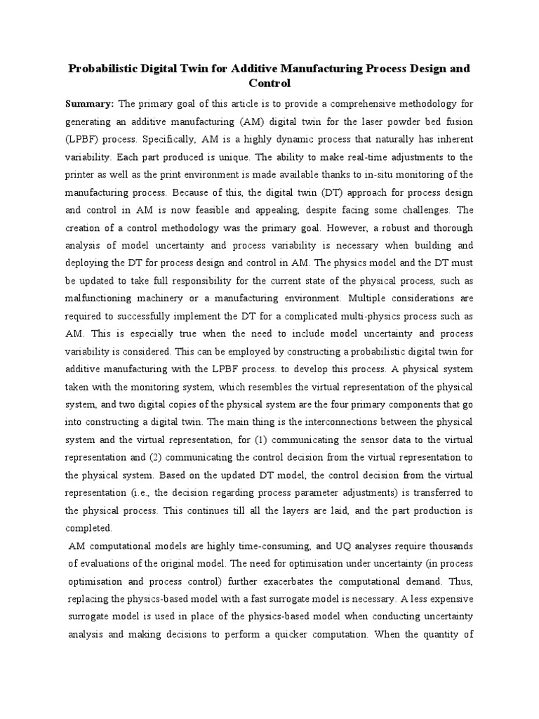 Probabilistic Digital Twin For Additive Manufacturing Process Design and Control | PDF | 3 D ...