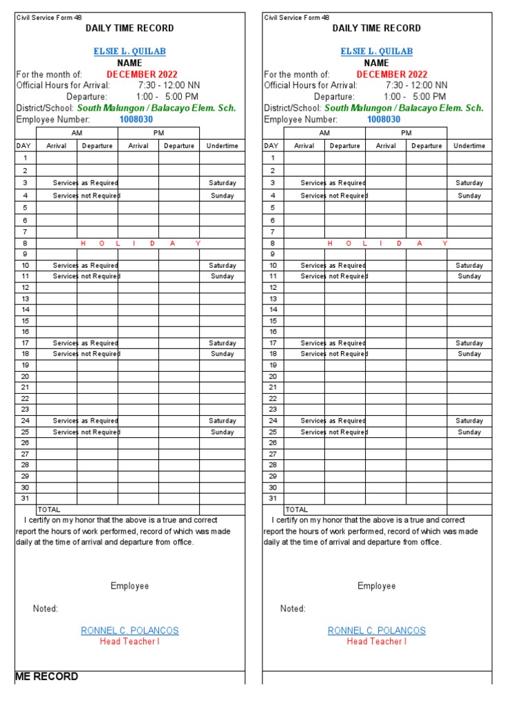 Daily Time Record for Elsie L. Quilab documenting hours worked at ...