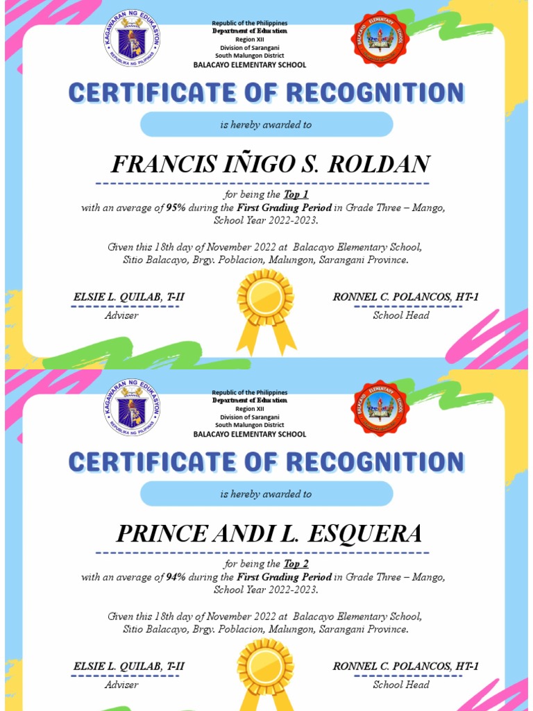 Award Certificates SY 2022 2023 1 | Download Free PDF | Government ...