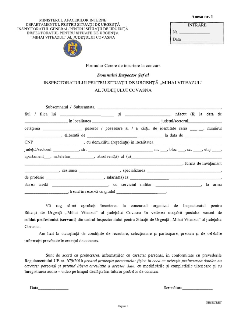 Formular Cerere de Înscriere La Concurs: Domnului Inspector Şef Al | PDF