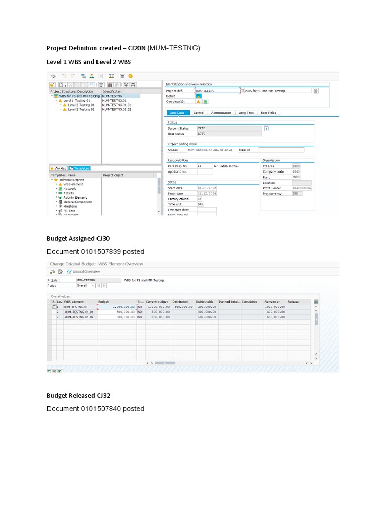 Project Definition Created - CJ20N (MUM-TESTNG) Level 1 WBS and Level 2 ...