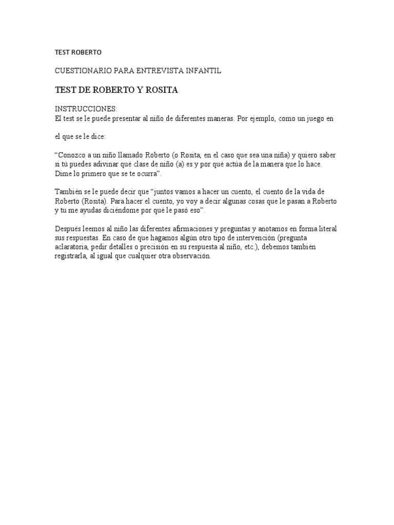 Test de Roberto y Rosita: Cuestionario Infantil | PDF | Artes del ...