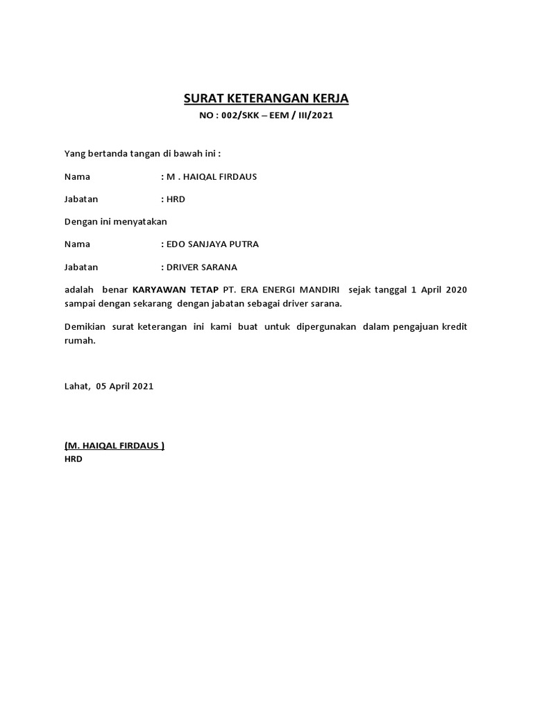 Surat Keterangan Kerja Karyawan | PDF