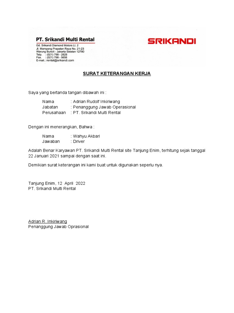 SURAT KETERANGAN KERJA Wahyu Akbari | PDF