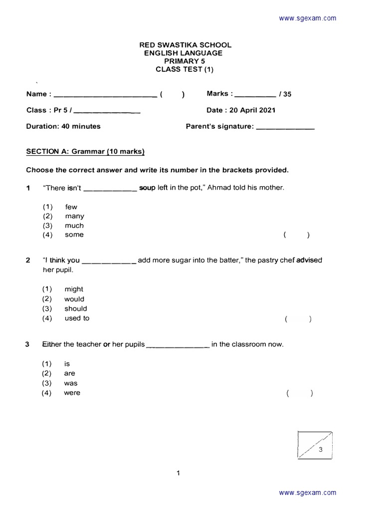 Primary 5 English Test 2021 | PDF | Foods