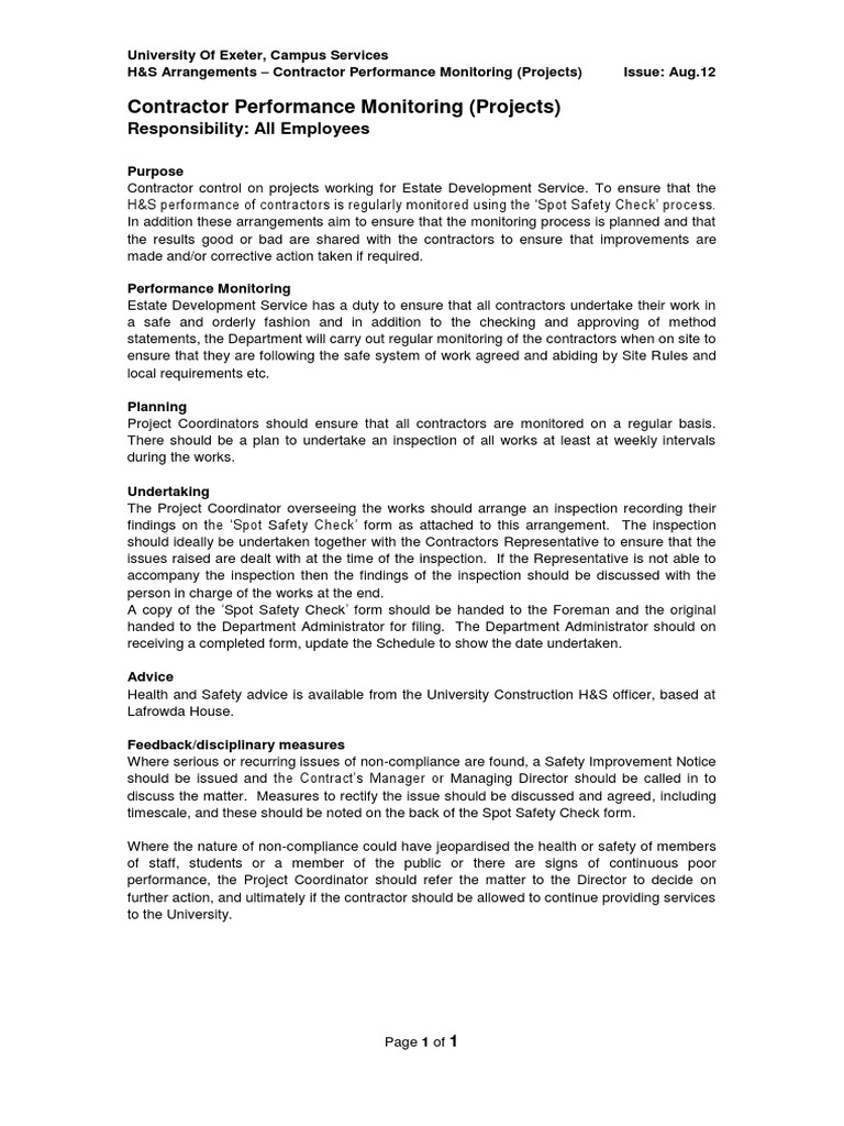 CSP004 Contractor Performance Monitoring | PDF | Occupational Safety And Health | Safety