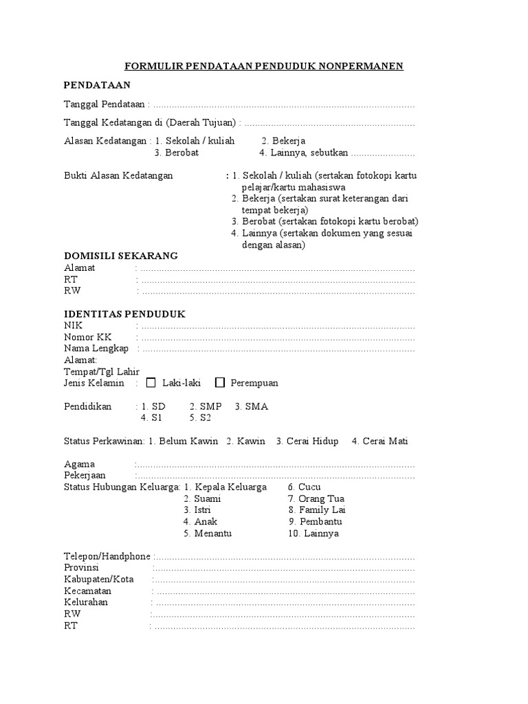 FORMULIR PENDATAAN PENDUDUK NONPERMANEN | PDF