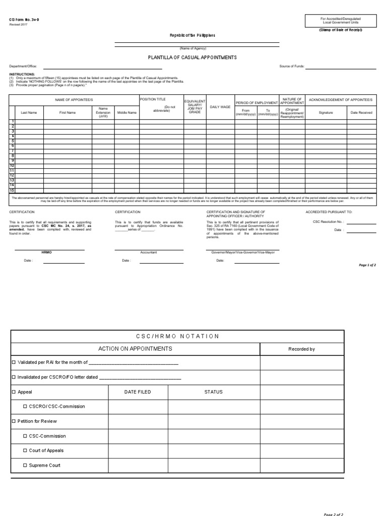 Cs Form No. 34-d Plantilla of Casual Appointment - Lgu Accredited | PDF | Justice | Crime & Violence