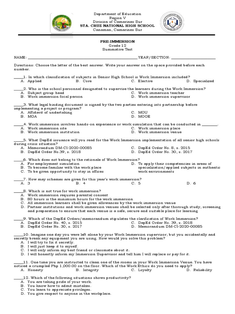 Pre-Immersion Summative Test | PDF | Occupational Safety And Health ...