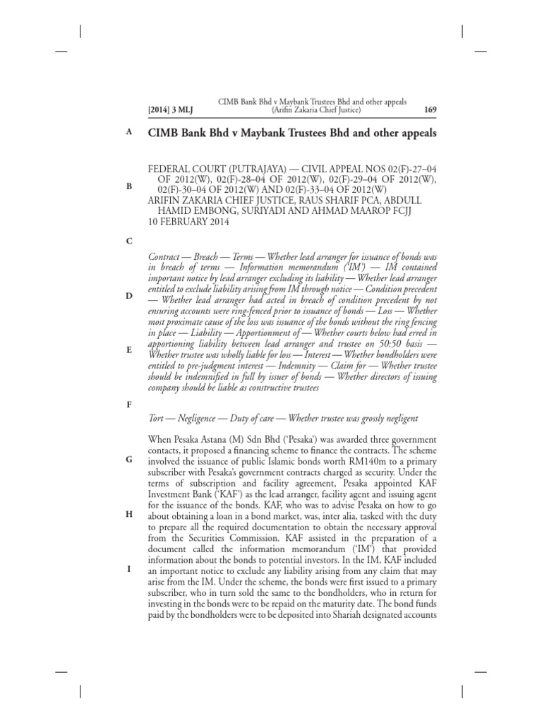CIMB Bank BHD V Maybank Trustees BHD and Other Appeals (2014) 3 MLJ 169 | PDF | Bonds (Finance ...
