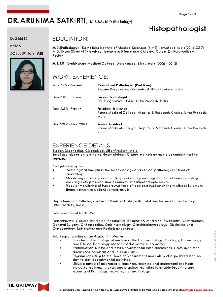 Dr. Arunima Satkirti GATEWAY Histopathologist 216610 | PDF | Pathology | Cytopathology
