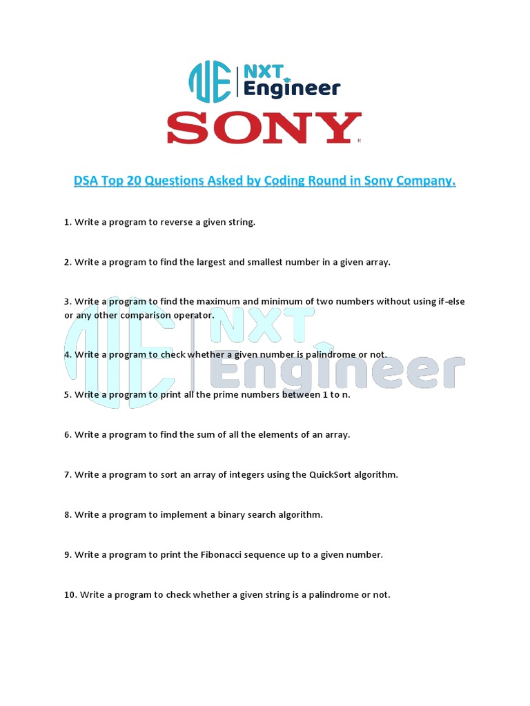DSA Top 20 Questions Asked by Coding Round in Sony Company | PDF