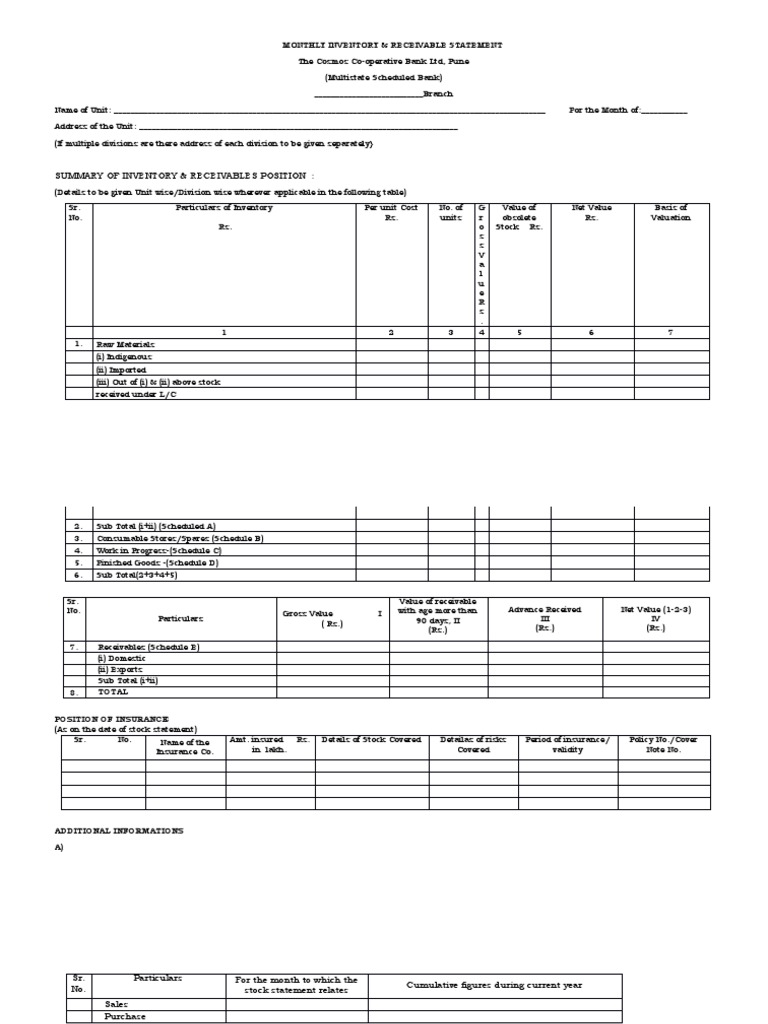 Monthly Stock & Receivables Statement | PDF | Inventory | Banks