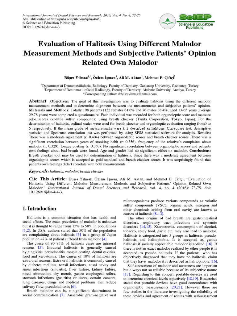 Evaluation of Halitosis Using Different Malodor Measurement Methods and ...