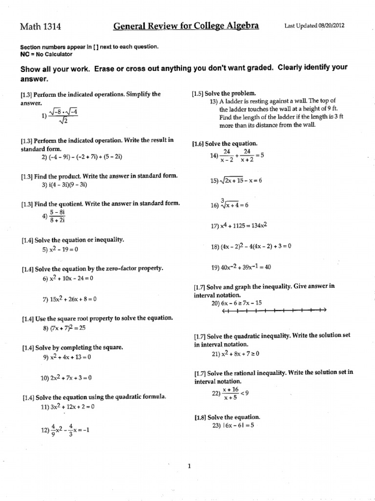 Math 1314 General Review Revised Fa 12 | PDF
