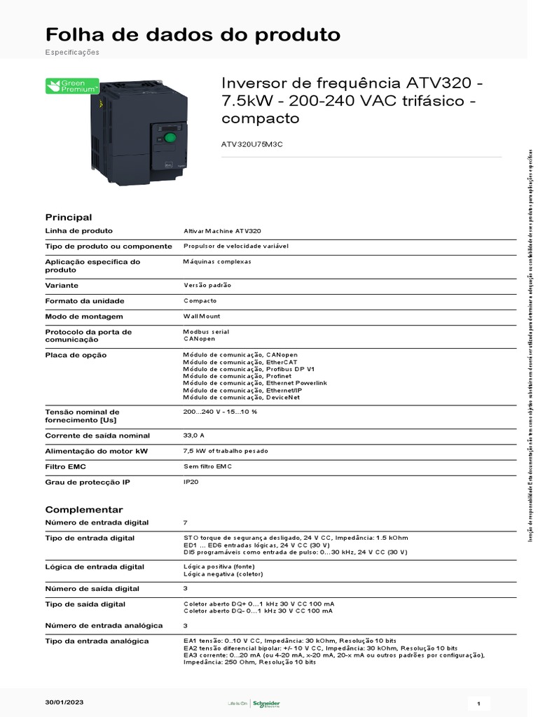 Altivar Machine ATV320 - ATV320U75M3C | PDF | Relé | Impedância elétrica