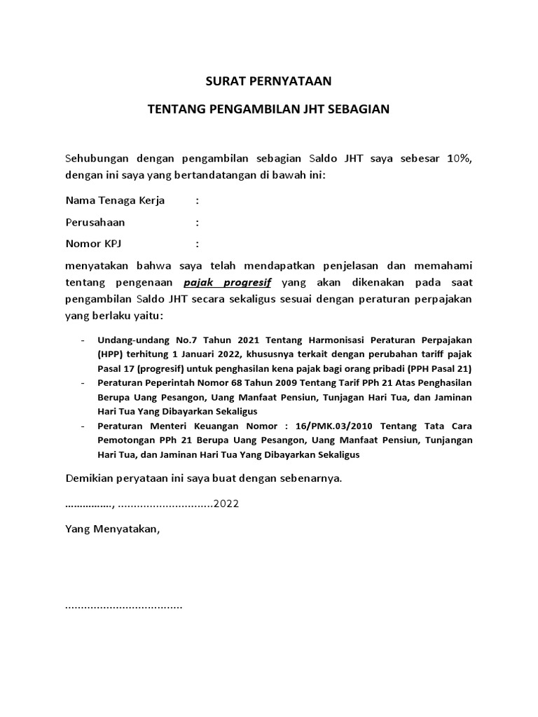 Surat Pernyataan TK TTG Pajak Progresif Pengambilan JHT Sebagian | PDF