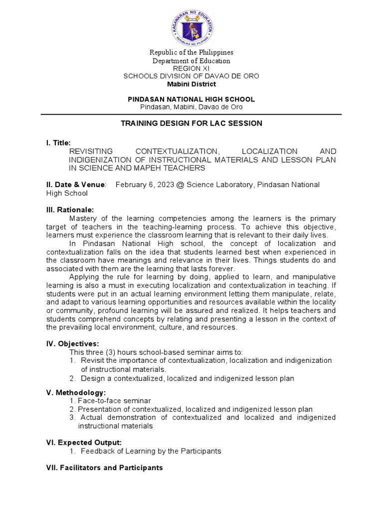 Training Design For CONTEXTUALIZATION | PDF | Lesson Plan | Learning