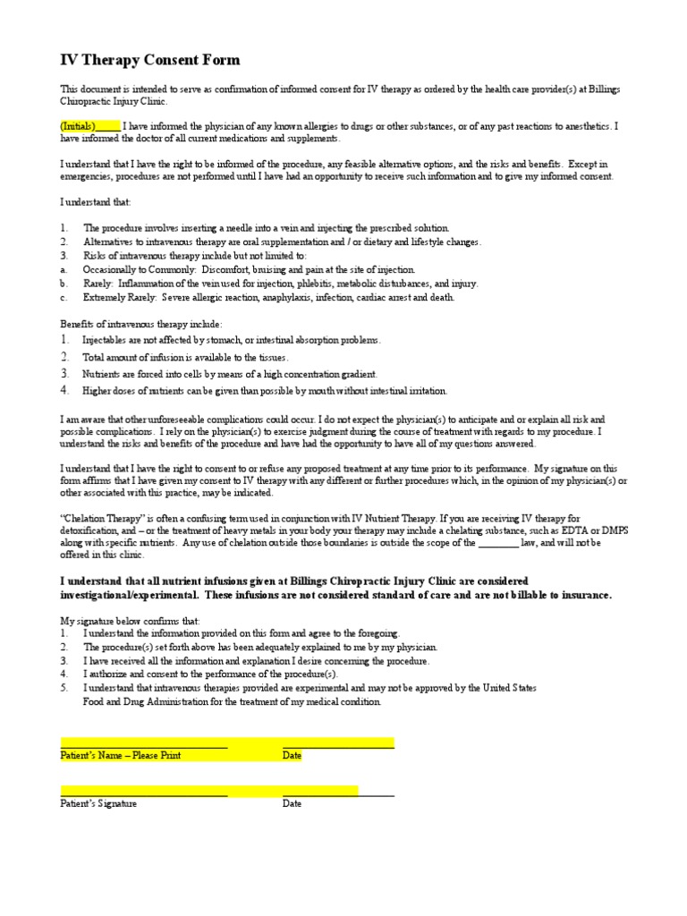 IV Therapy Consent Form | PDF | Intravenous Therapy | Injection (Medicine)