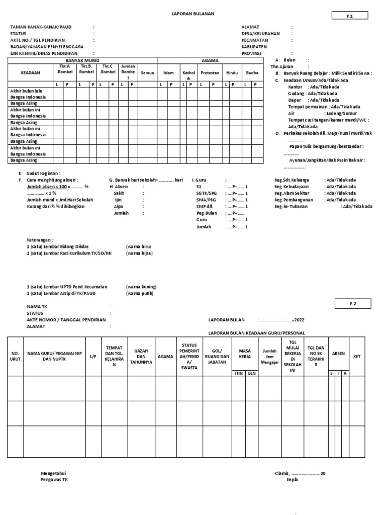 Format Laporan Bulanan Tk Paud | PDF
