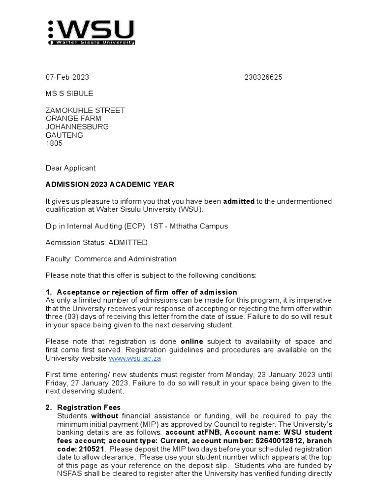 WSU Admission Confirmation for 2023 | PDF | Identity Document