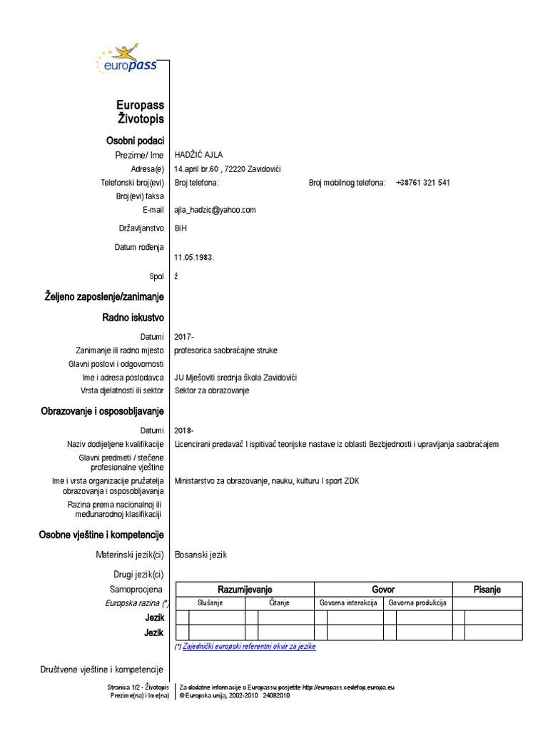 Europass Životopis: Osobni Podaci | PDF
