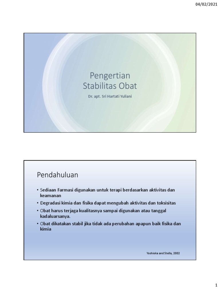 1 Pengertian Stabilitas Obat 2021 Pdf