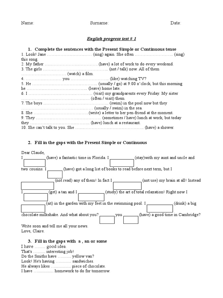 English Progress Test 1 Tests 87294 | PDF | Linguistics | Linguistic ...