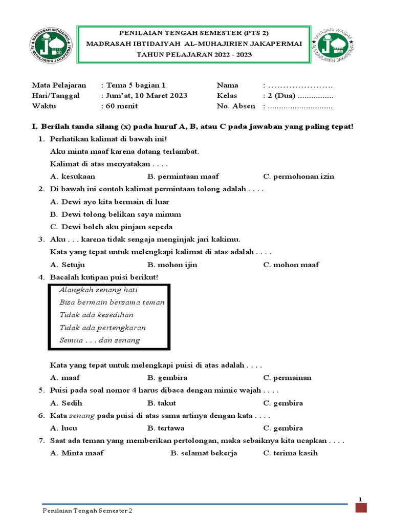 SOAL PTS 2 TEMA 5-6 Bagian 1 | PDF