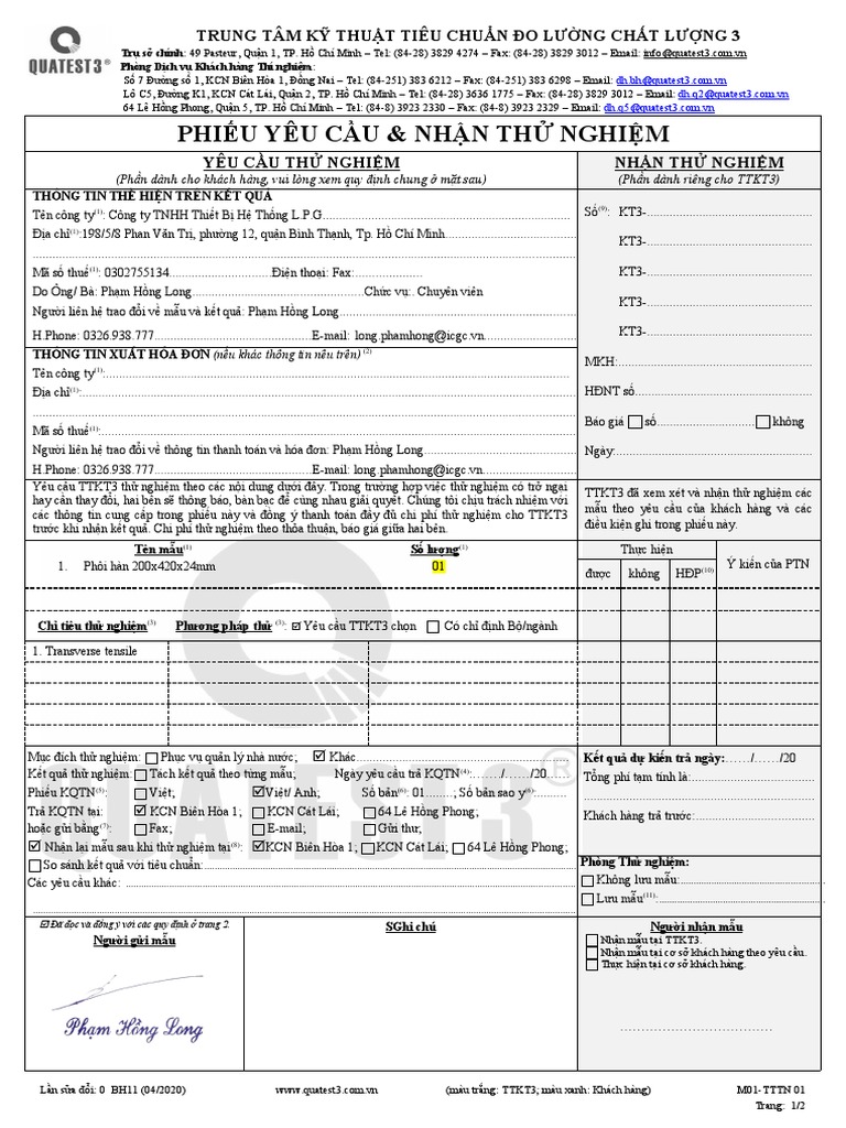 M01-TTTN 01 - Phieu Yeu Cau Thu Nghiem Thep Tam | PDF