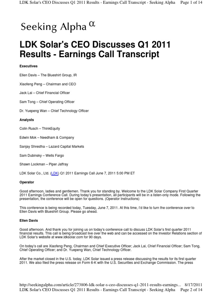 LDK Q1'11 Earning Call Transcript | PDF | Solar Cell | Wafer (Electronics)