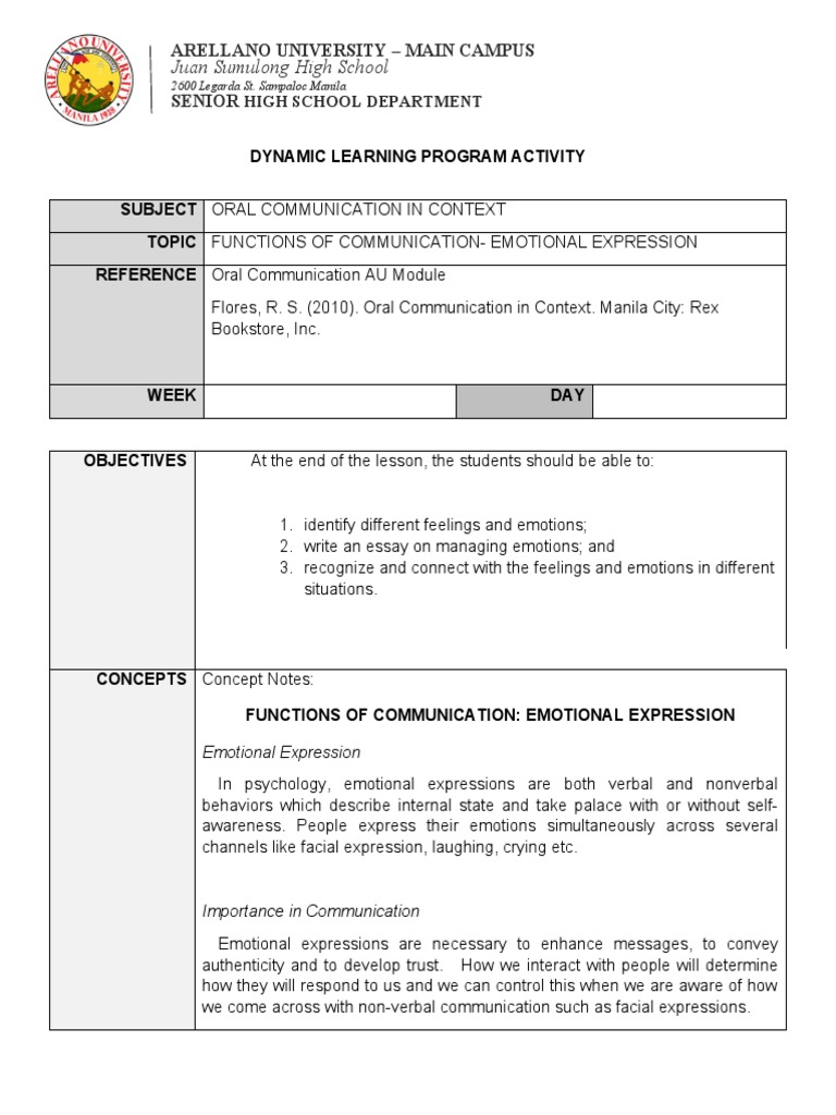 DLP 9 Functions of Communication Emotional Expression | PDF ...