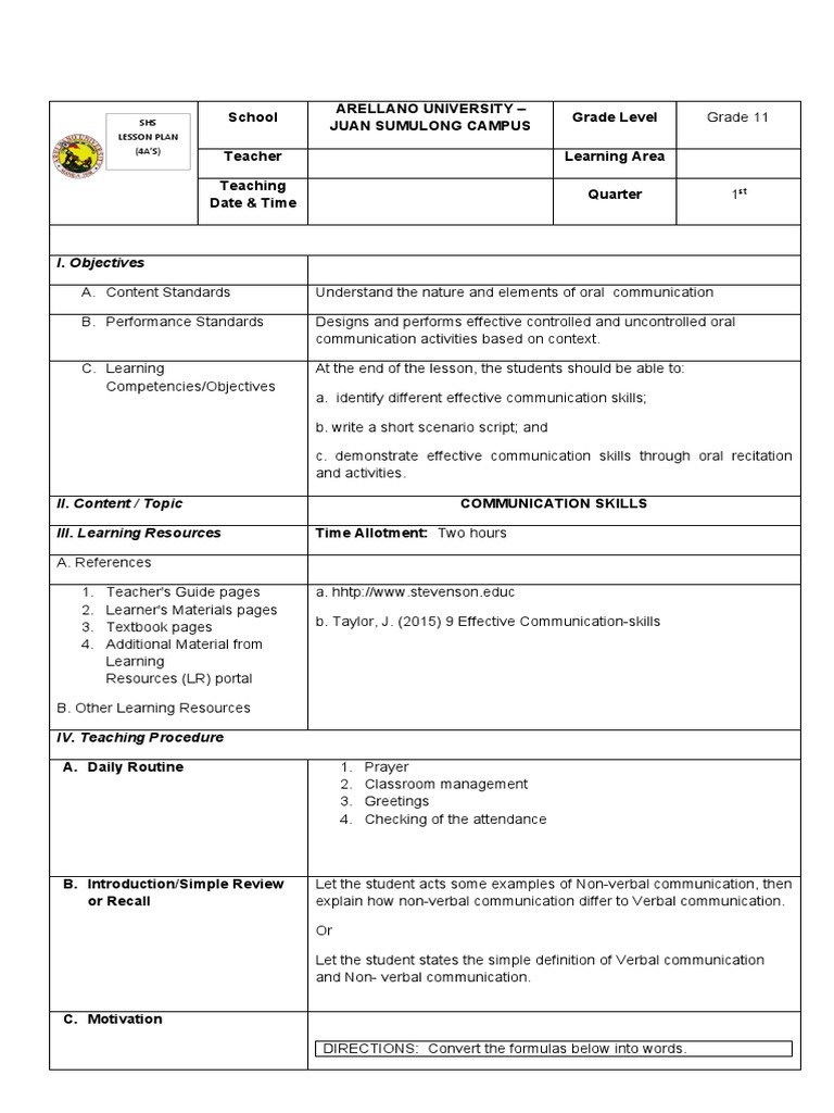 Effective Communication Skills Lesson Plan | PDF | Communication | Learning