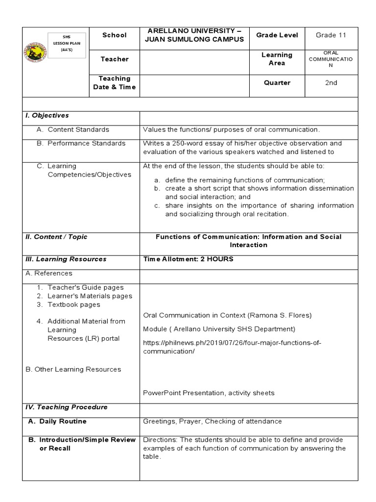 Grade 11 Oral Communication Lesson Plan | PDF | Teachers | Communication