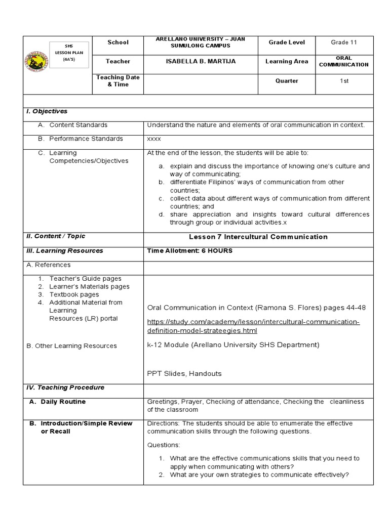 Intercultural Communication Lesson Plan | PDF | Communication | Cross ...