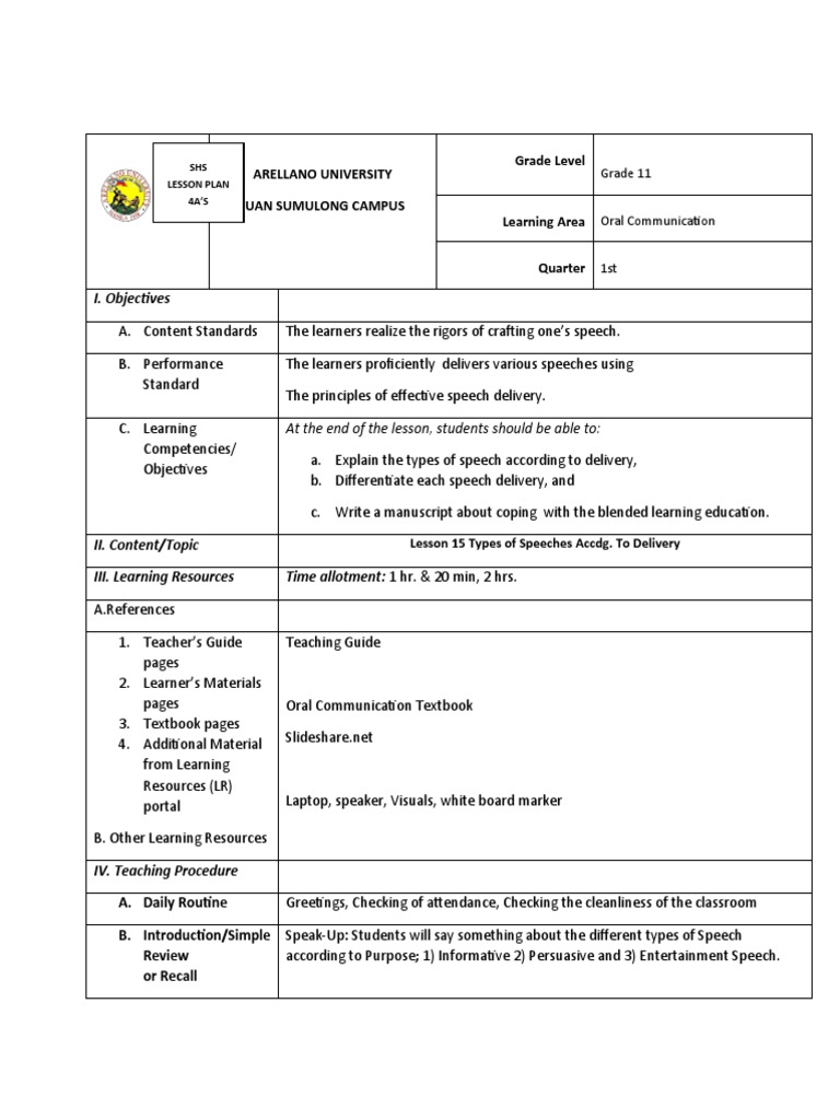 Lp15 Types of Speech According To Purpose and Delivery | PDF | Learning ...