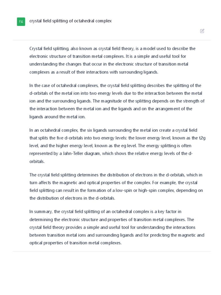 Crystal Field Splitting of Octahedral Complex | PDF