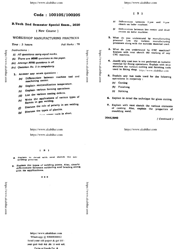 Btech 2 Sem Workshop Manufacturing Practices 100105 2020 Pdf