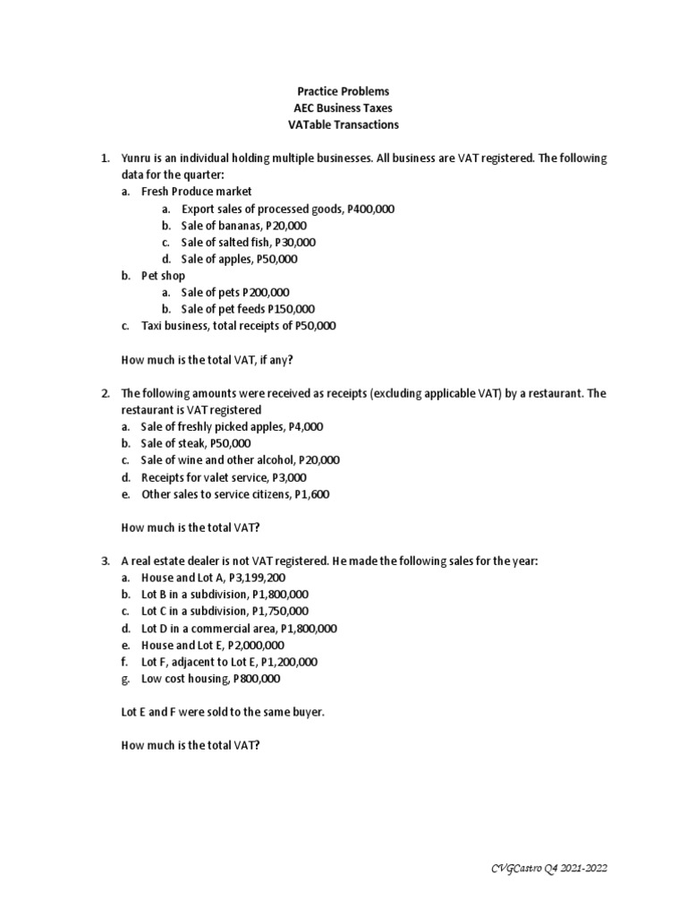 Business Tax - VATable Transactions Practice | PDF | Value Added Tax ...