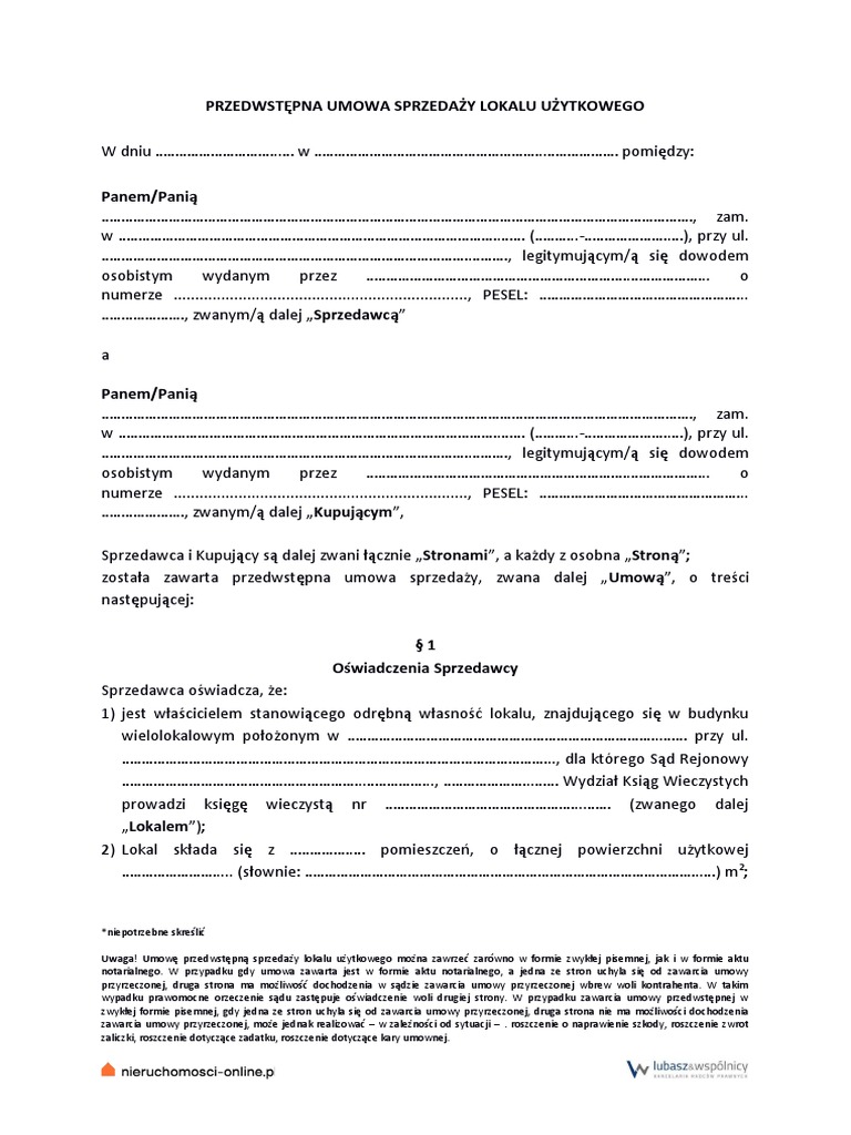 Przedwstępna - Umowa - Sprzedaży - Lokalu - Użytkowego 2 | PDF