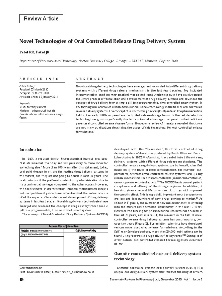 Novel Technologies Of Oral Controlled Release Drug Delivery System Download Free Pdf