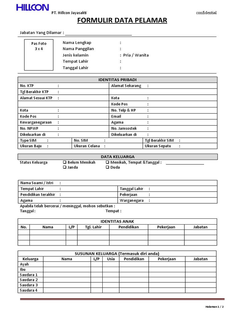 Formulir Data Pelamar Singkat | PDF