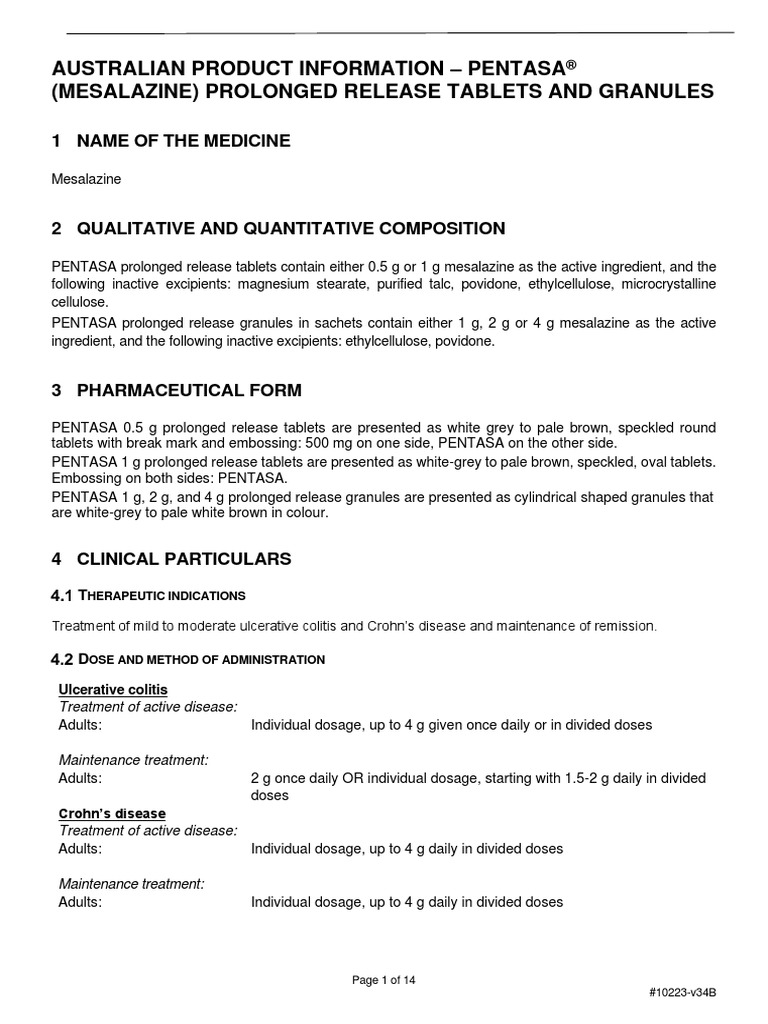 Pentasa Tablets and Sachets PI | PDF | Ulcerative Colitis | Tablet ...