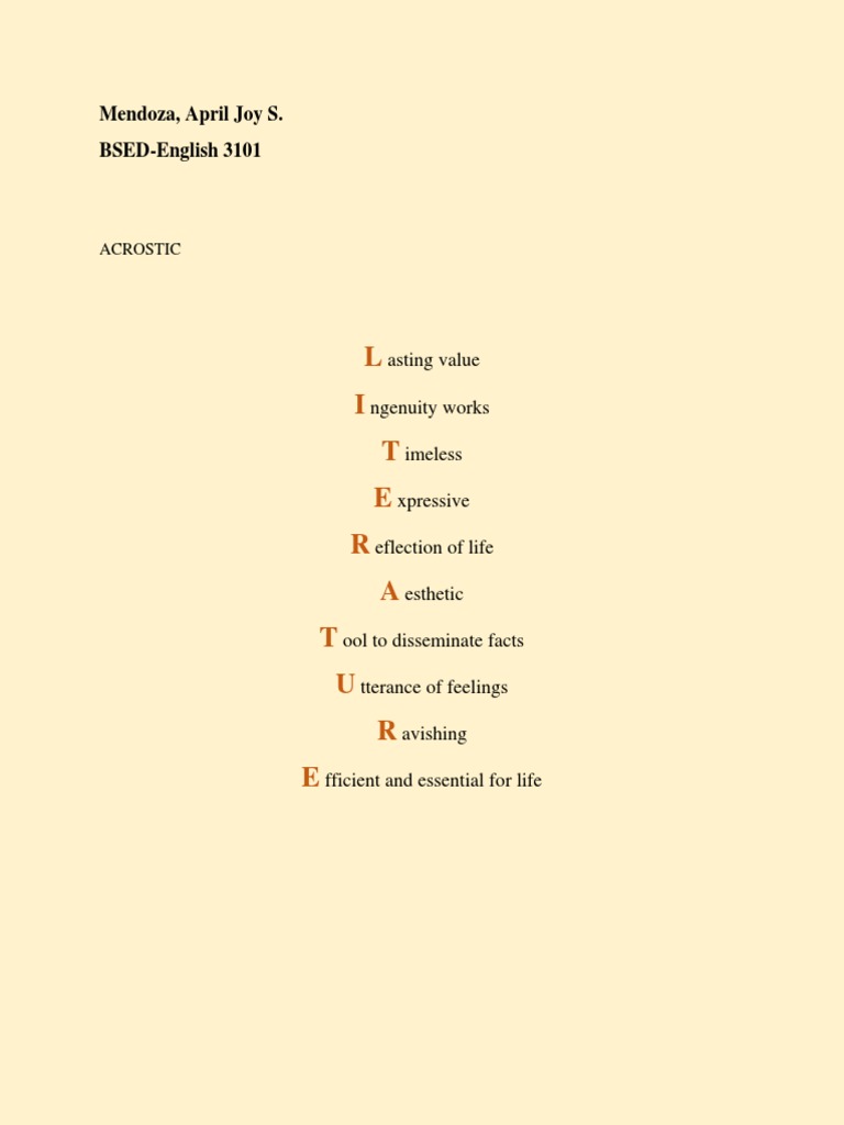 Mendoza's Acrostic Poem on LITERATURE | PDF