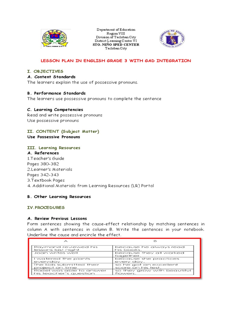 Grade 3 English Lesson Plan: Pronouns | PDF