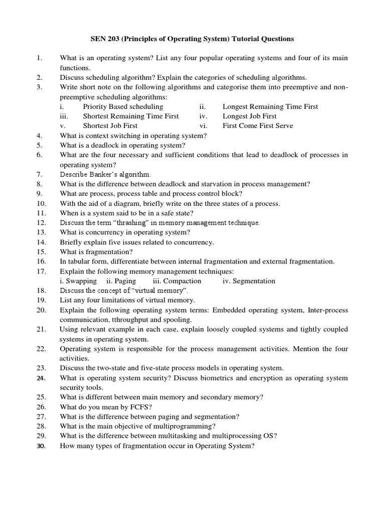 SEN 203 Tutorial Questions | PDF | Process (Computing) | Operating System