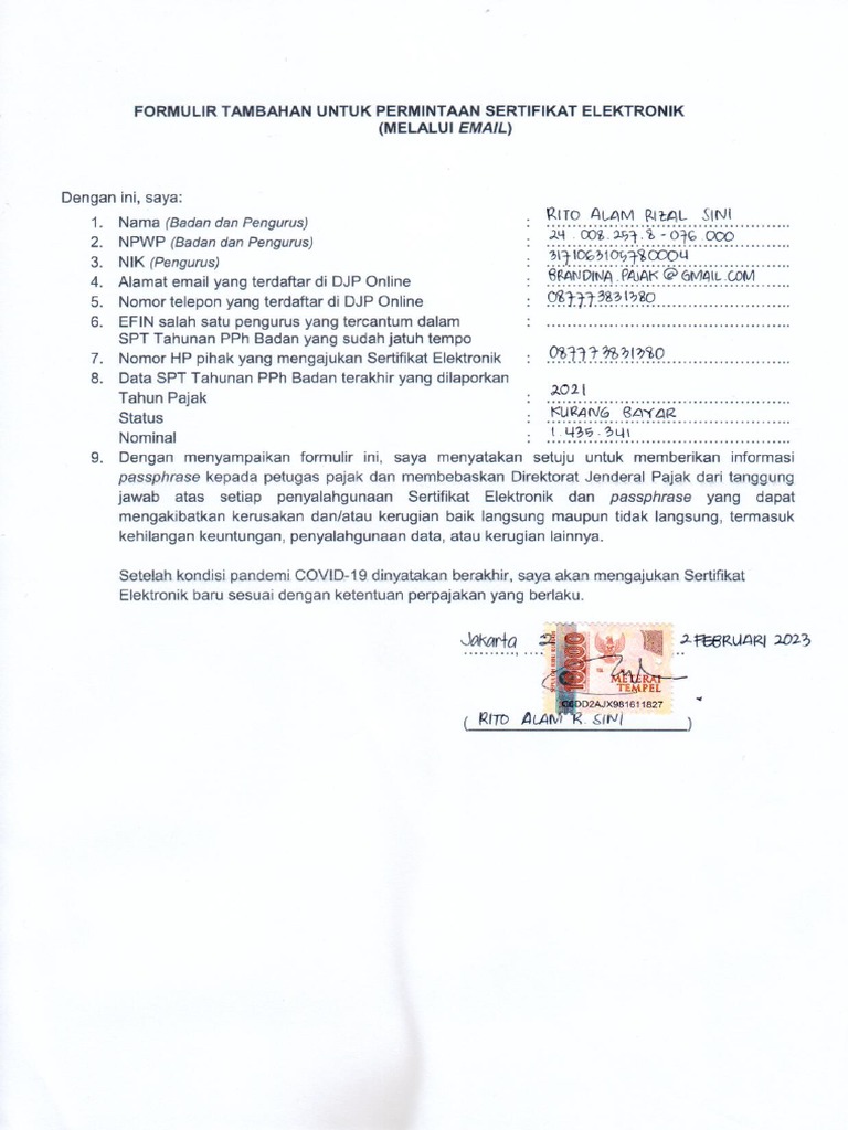 Form Tambahan Untuk Permintaan Sertifikat Elektronik | PDF